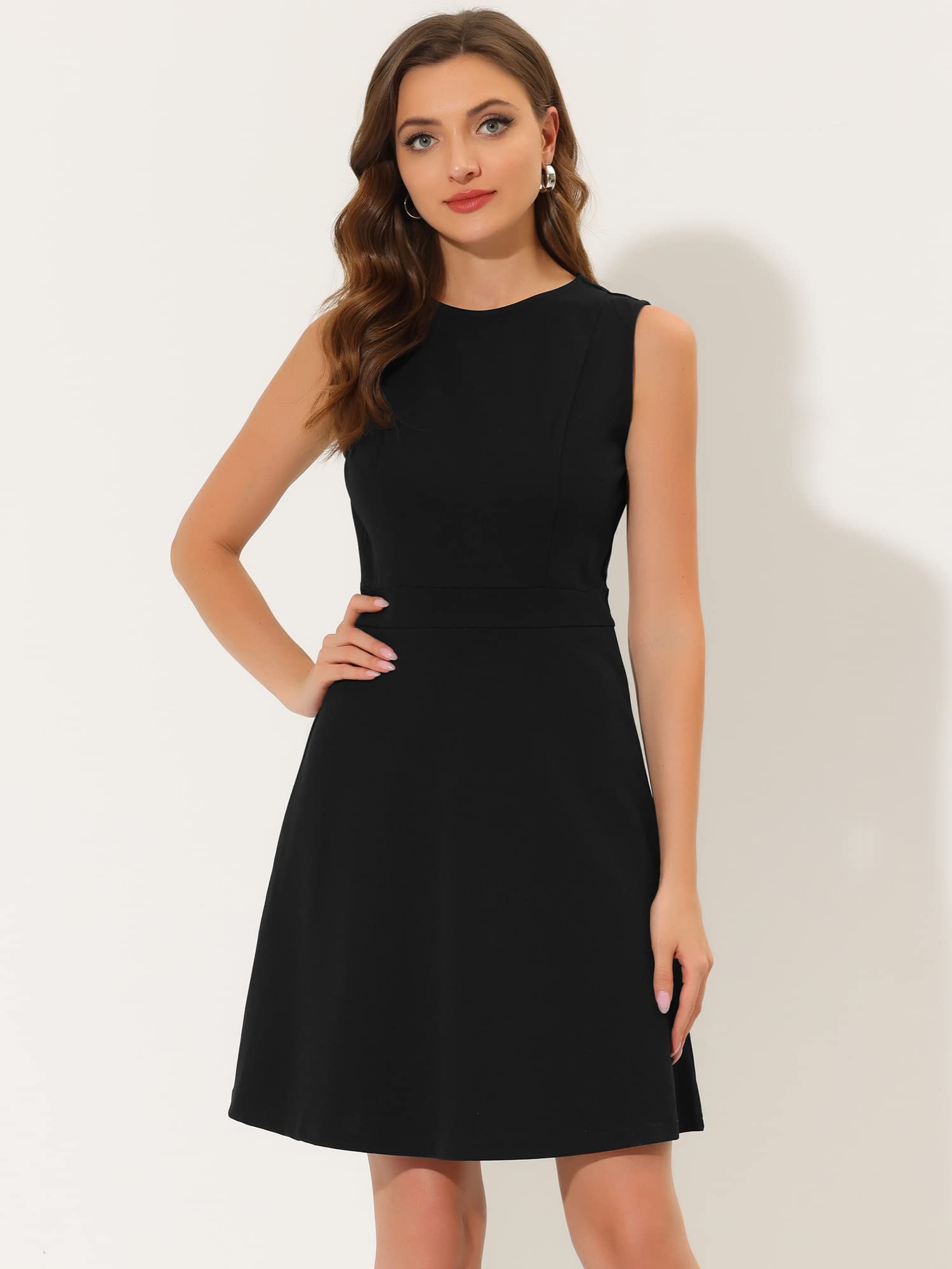 Allegra K Women's Work Dress Round Neck Solid Color Sleeveless A-Line Casual Office Dresses Large Black