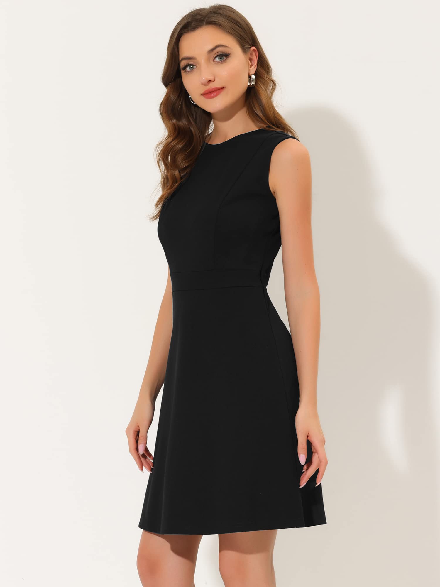 Allegra K Women's Work Dress Round Neck Solid Color Sleeveless A-Line Casual Office Dresses Large Black