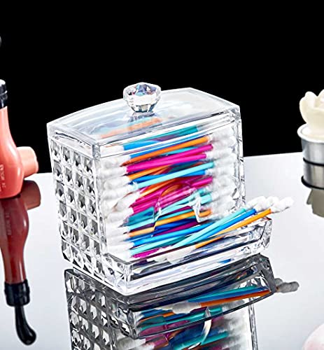 Bremen Home Acrylic Cotton Swab Holder, Diamond Design Qtip Dispenser Countertop Storage Organizer Box Jars for Bobby Pins, Cotton Balls, Makeup, Small Bathroom Accessories, Boxed