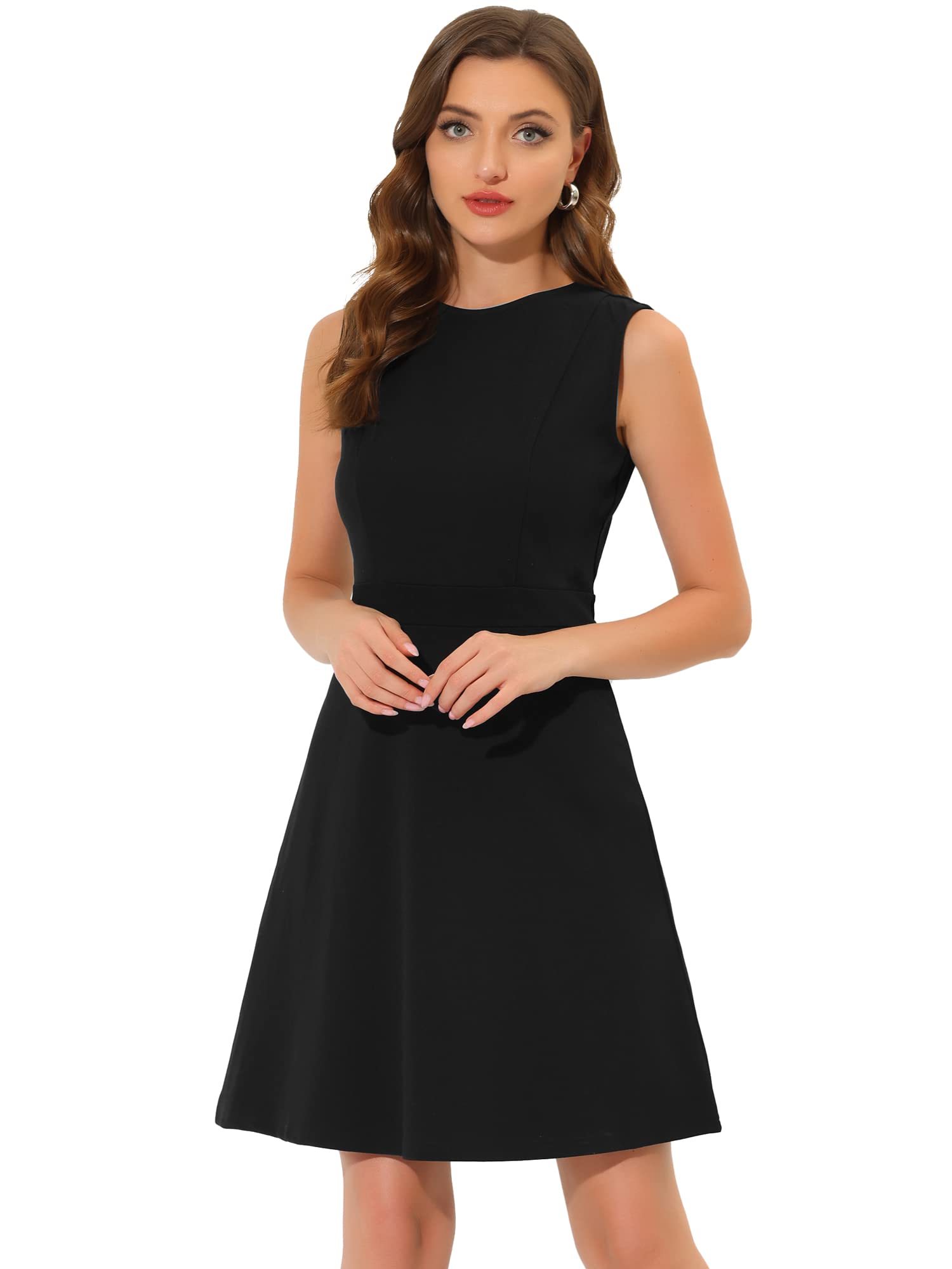 Allegra K Women's Work Dress Round Neck Solid Color Sleeveless A-Line Casual Office Dresses Large Black