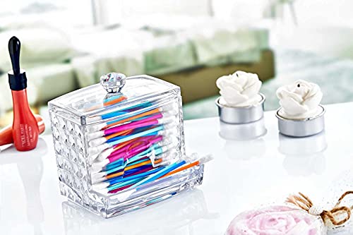 Bremen Home Acrylic Cotton Swab Holder, Diamond Design Qtip Dispenser Countertop Storage Organizer Box Jars for Bobby Pins, Cotton Balls, Makeup, Small Bathroom Accessories, Boxed
