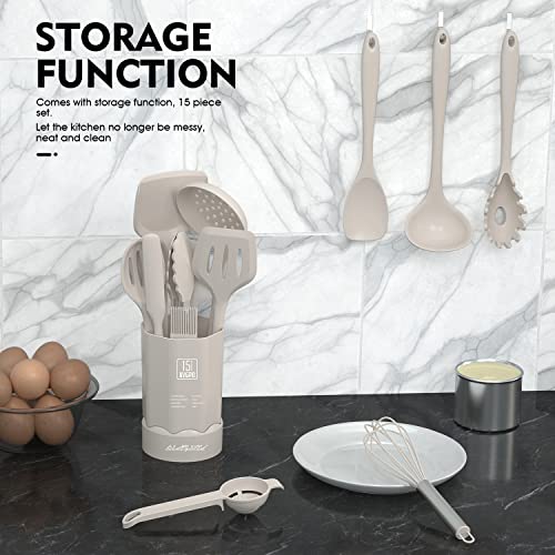 Dishwasher Safe Silicone Cooking Utensils Set - 446°F Heat Resistant Basic Silicone Kitchen Utensils,Turner Tongs, Spatula, Spoon, Brush, Whisk, Gadgets Tools for Nonstick Cookware (BPA Free - Khaki)