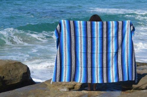 Galaxy Reborn Mexican Blanket Handwoven 82 x 54 XLarge Heavyweight Falsa in Caribbean Blue Beachy Throw