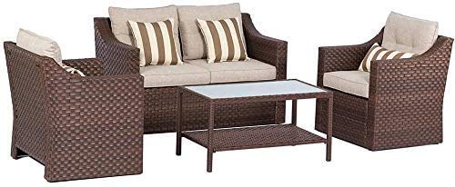 Patiomore 4-Piece Outdoor Furniture Patio Conversation Set All Weather PE Wicker Sofa Set with Glass Coffee Table, Brown