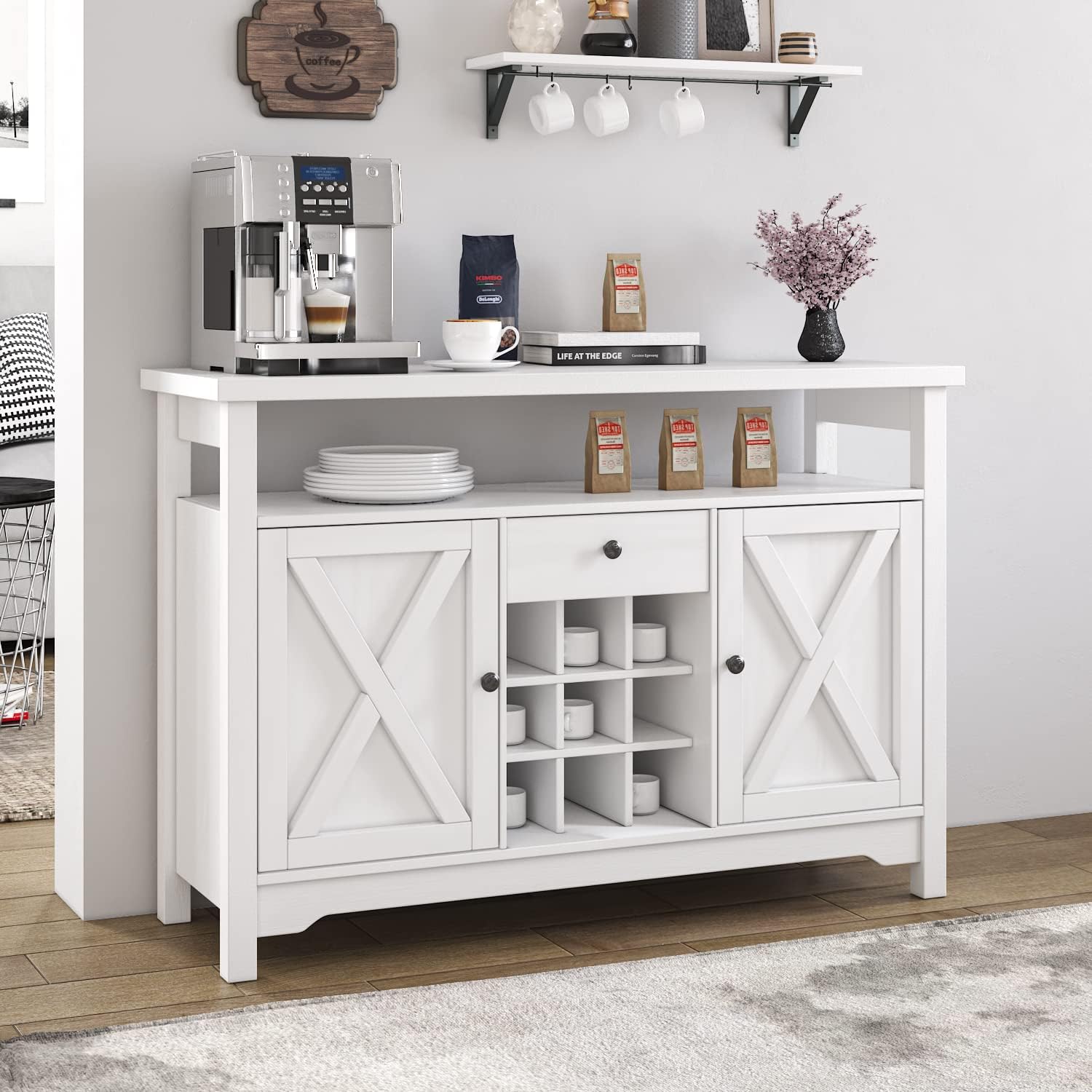 4ever2buy Farmhouse Coffee Bar Cabinet with Storage, White Coffee Bar with Drawer, Kitchen Buffet Cabinet with Barn Door, Wine Bar Cabinet with 9 Wine Racks for Dining, Living Room