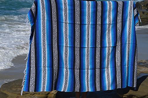 Galaxy Reborn Mexican Blanket Handwoven 82 x 54 XLarge Heavyweight Falsa in Caribbean Blue Beachy Throw