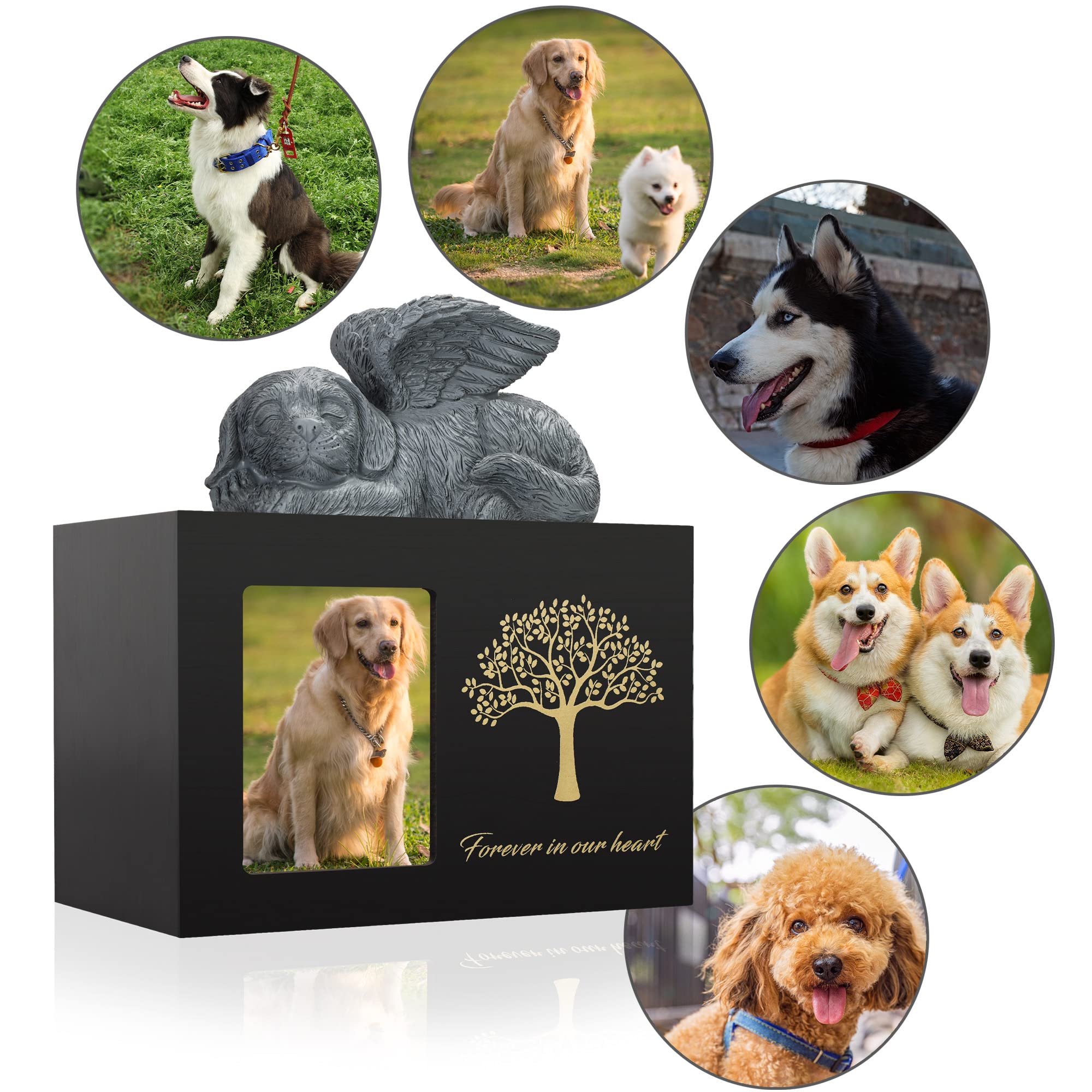 The7boX Pet Urn Dog Ashes Box Wooden Black Dog Urns for Ashes Comes with Dog Angel and Ashes Bag