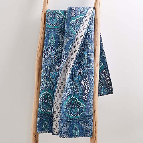 Levtex Home - Bellamy Teal - Throw - Regal Damask Design - Blue, Navy, Teal and White - Quilt (50x60in.) and Sham 50x60in. - Cotton/Cotton
