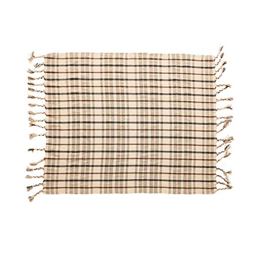 Bloomingville Woven Recycled Cotton Blend Plaid Tassels, Charcoal Color & Brown Throw, Charcoal & Brown