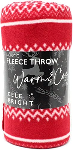 Celebright Christmas Fleece Throw - Large 50 x 60 Inch (127 x 152cm) Fluffy Microfiber Blanket Throw Over for Bed, Sofa, Couch - Plush Snuggly Cosy Winter Warmer - Scandi Nordic Red