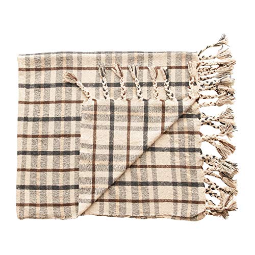 Bloomingville Woven Recycled Cotton Blend Plaid Tassels, Charcoal Color & Brown Throw, Charcoal & Brown