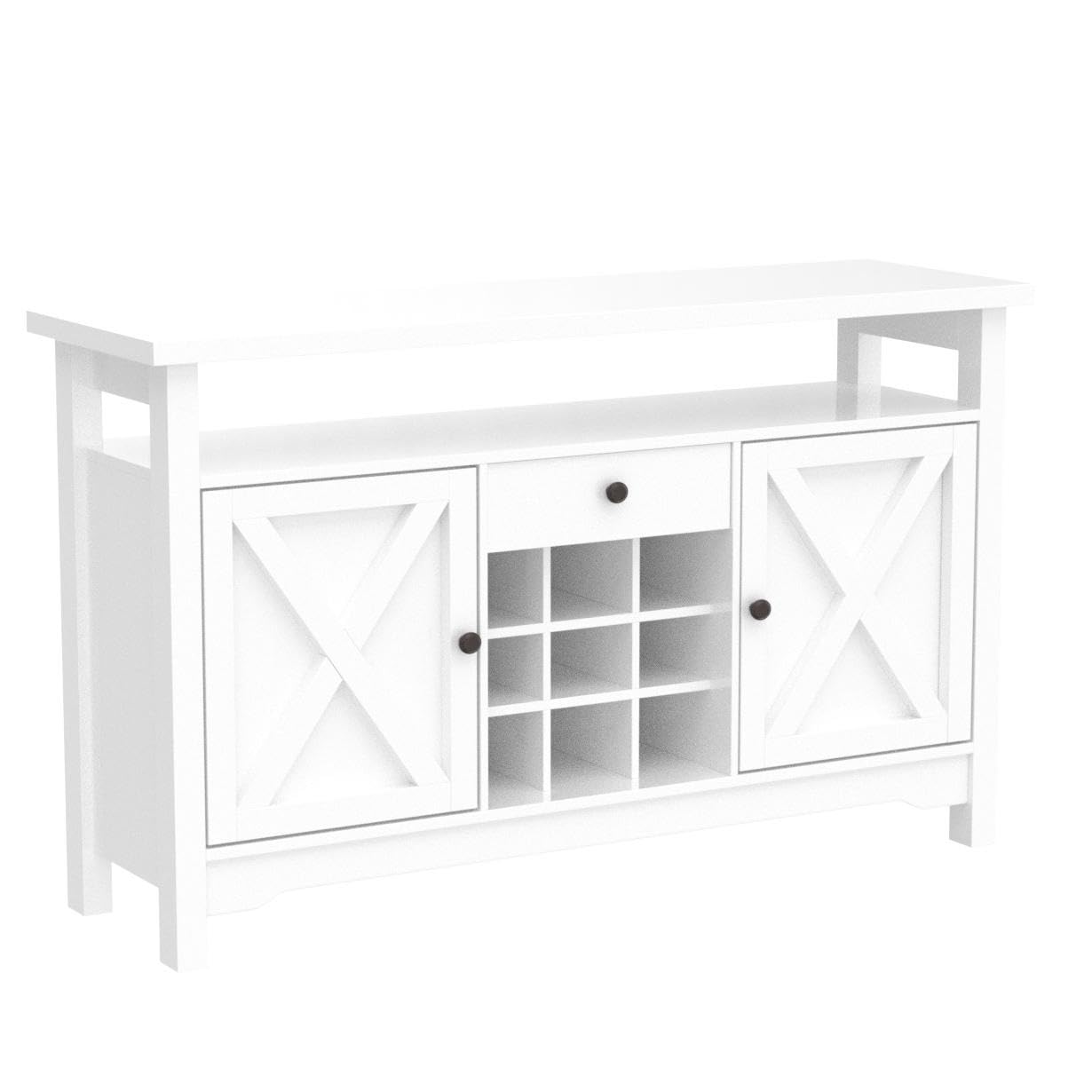 4ever2buy Farmhouse Coffee Bar Cabinet with Storage, White Coffee Bar with Drawer, Kitchen Buffet Cabinet with Barn Door, Wine Bar Cabinet with 9 Wine Racks for Dining, Living Room