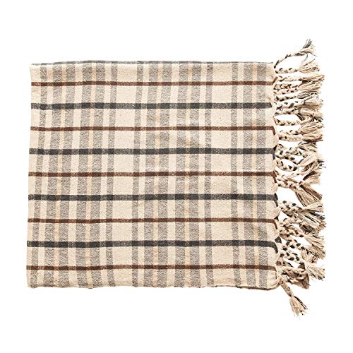 Bloomingville Woven Recycled Cotton Blend Plaid Tassels, Charcoal Color & Brown Throw, Charcoal & Brown