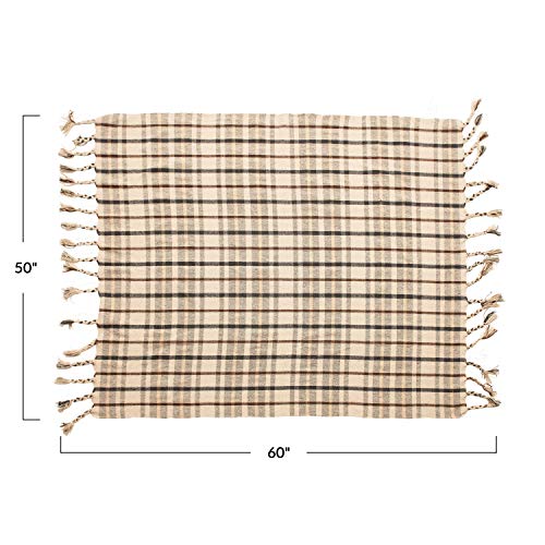 Bloomingville Woven Recycled Cotton Blend Plaid Tassels, Charcoal Color & Brown Throw, Charcoal & Brown