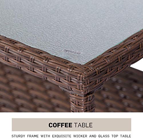 Patiomore 4-Piece Outdoor Furniture Patio Conversation Set All Weather PE Wicker Sofa Set with Glass Coffee Table, Brown