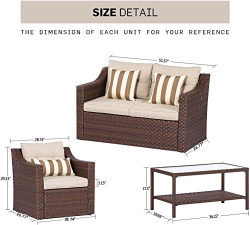 Patiomore 4-Piece Outdoor Furniture Patio Conversation Set All Weather PE Wicker Sofa Set with Glass Coffee Table, Brown