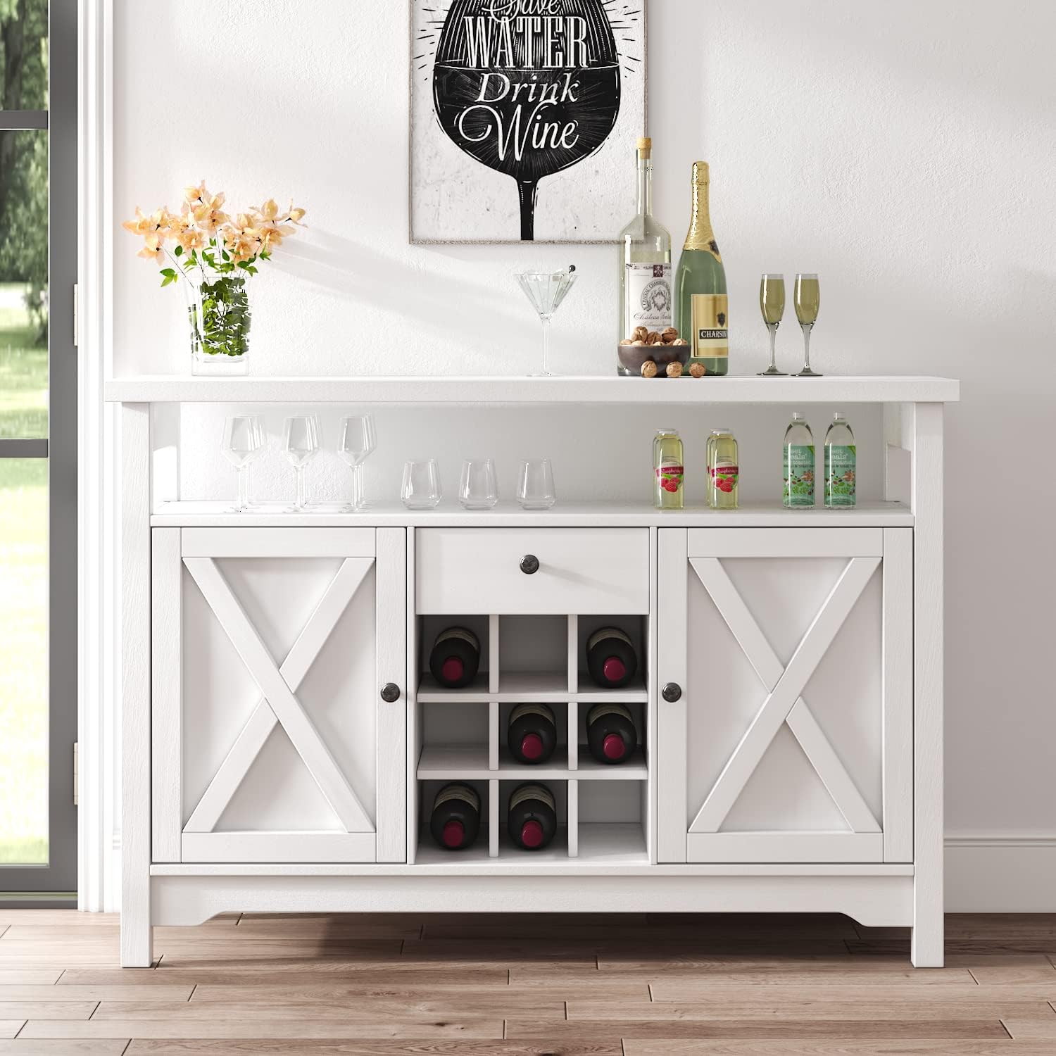 4ever2buy Farmhouse Coffee Bar Cabinet with Storage, White Coffee Bar with Drawer, Kitchen Buffet Cabinet with Barn Door, Wine Bar Cabinet with 9 Wine Racks for Dining, Living Room