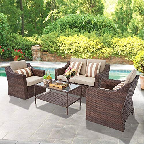 Patiomore 4-Piece Outdoor Furniture Patio Conversation Set All Weather PE Wicker Sofa Set with Glass Coffee Table, Brown