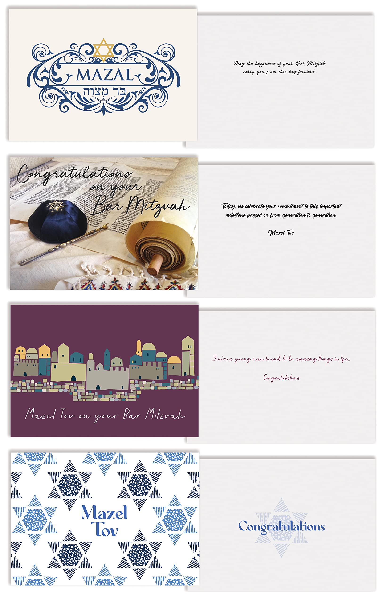 Better Office Products 36 Pack Bar Mitzvah & Bat Mitzvah Cards, Mazel Tov Jewish Celebration Cards with Envelopes, Bulk Set, Classic 5 x 7 Inch Size, 8 Unique Cover Designs with Heartfelt Sentiments