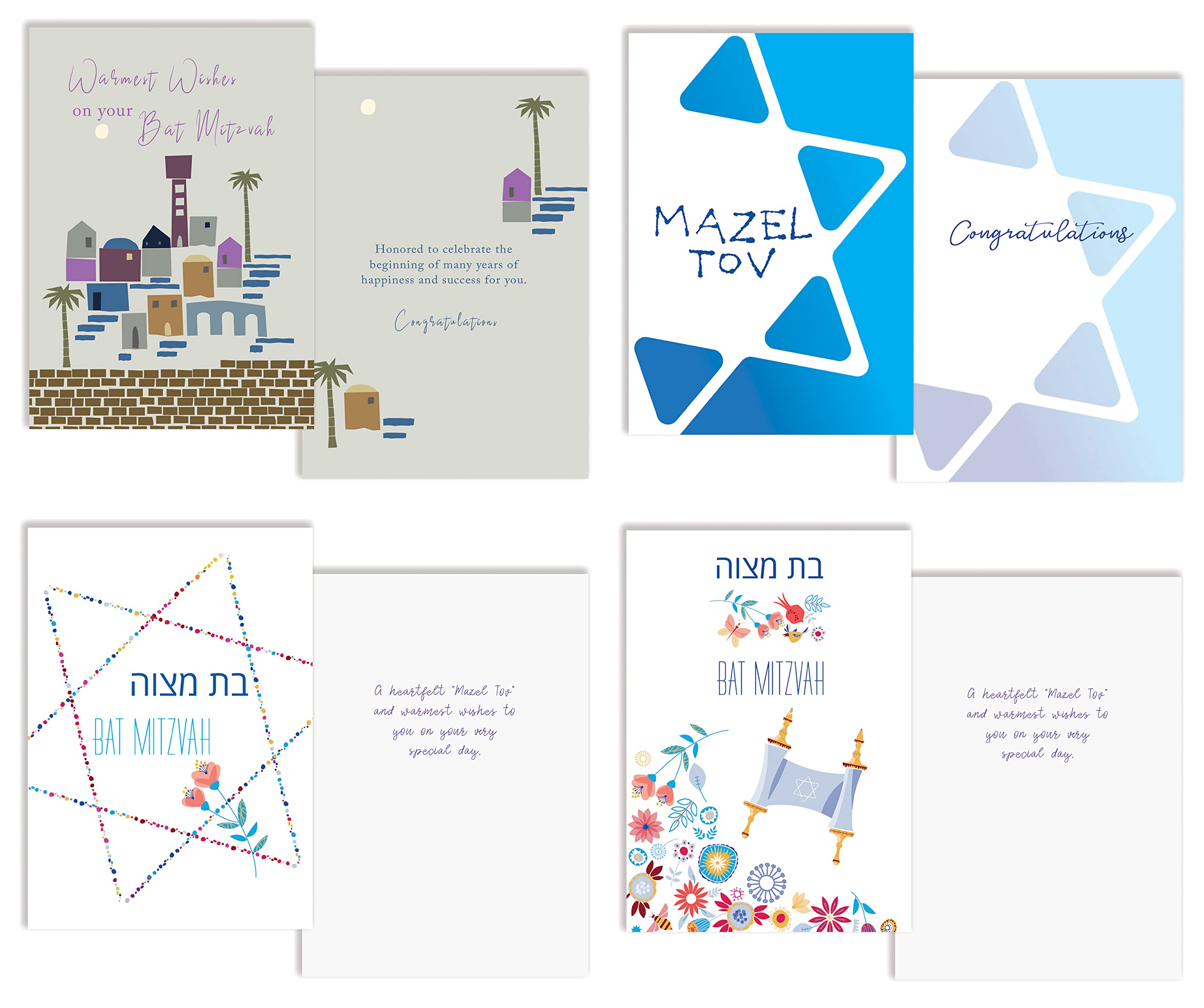 Better Office Products 36 Pack Bar Mitzvah & Bat Mitzvah Cards, Mazel Tov Jewish Celebration Cards with Envelopes, Bulk Set, Classic 5 x 7 Inch Size, 8 Unique Cover Designs with Heartfelt Sentiments