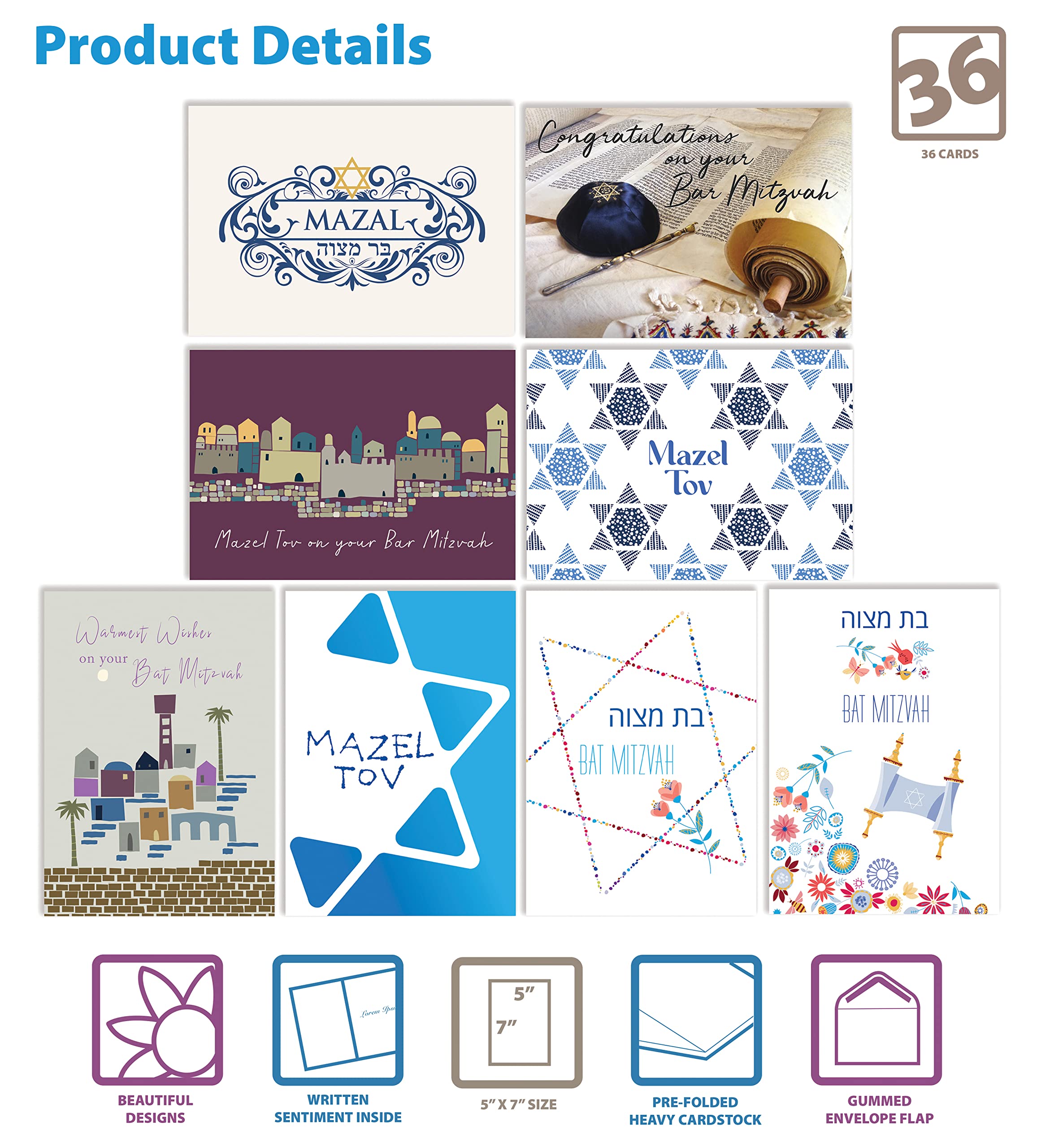 Better Office Products 36 Pack Bar Mitzvah & Bat Mitzvah Cards, Mazel Tov Jewish Celebration Cards with Envelopes, Bulk Set, Classic 5 x 7 Inch Size, 8 Unique Cover Designs with Heartfelt Sentiments