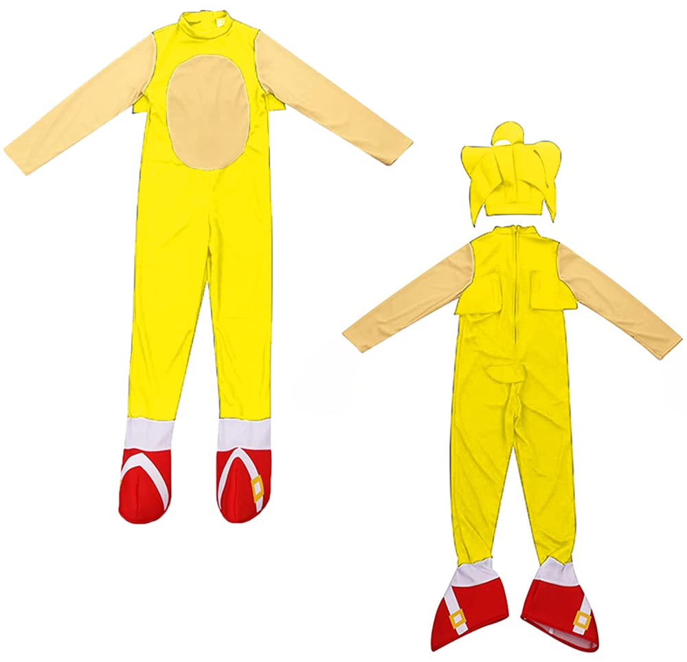 CEMDER Halloween Kids Deluxe Super Sonic Costume Cosplay Cartoon Yellow Suit Onesie Outfit Jumpsuit For Boys