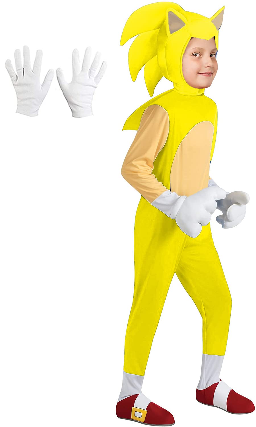 CEMDER Halloween Kids Deluxe Super Sonic Costume Cosplay Cartoon Yellow Suit Onesie Outfit Jumpsuit For Boys