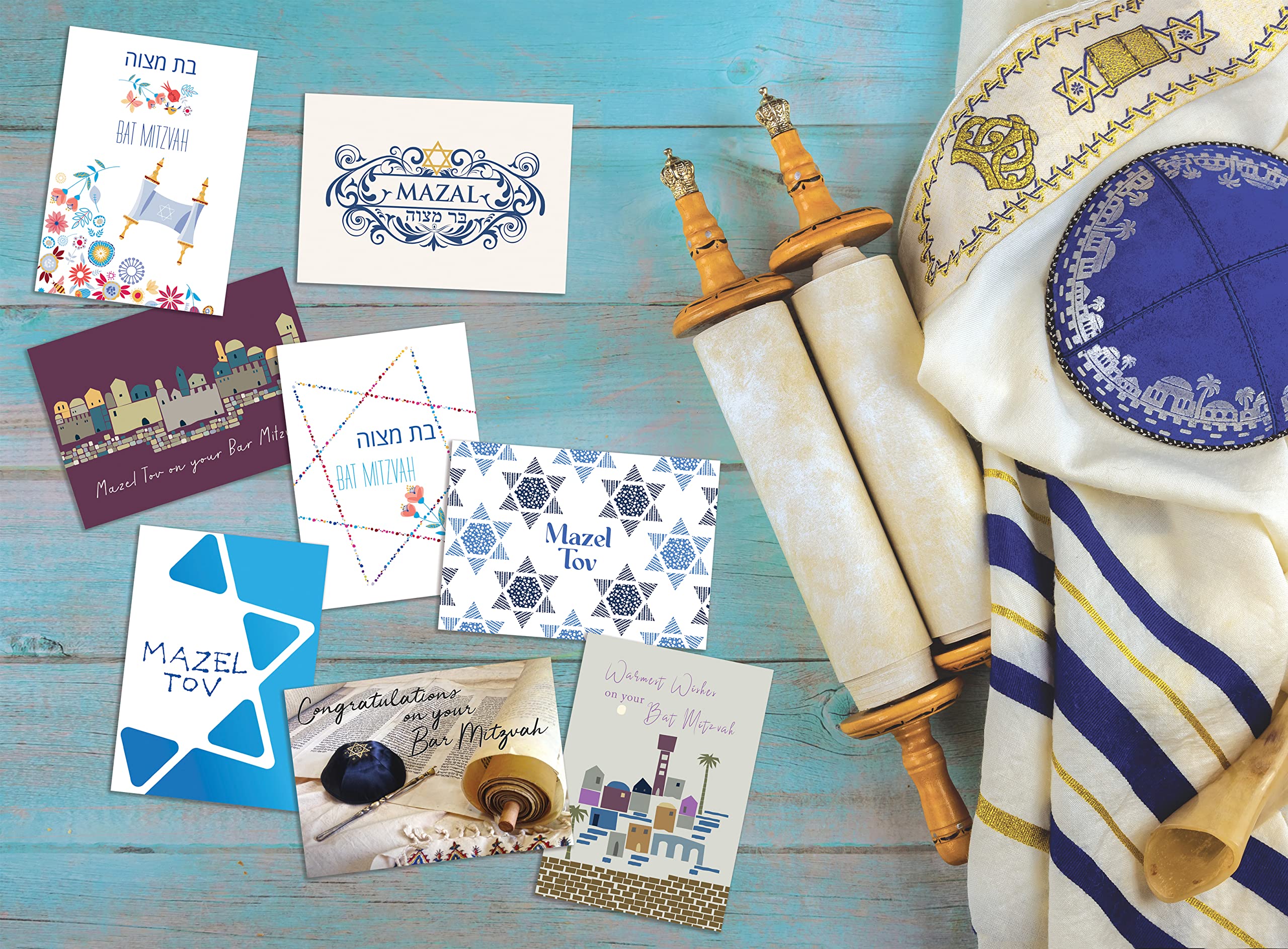 Better Office Products 36 Pack Bar Mitzvah & Bat Mitzvah Cards, Mazel Tov Jewish Celebration Cards with Envelopes, Bulk Set, Classic 5 x 7 Inch Size, 8 Unique Cover Designs with Heartfelt Sentiments
