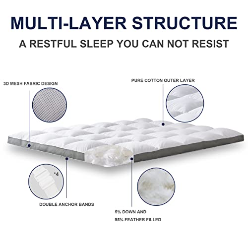 subrtex Feather Mattress Topper Queen, Bed Mattress Topper, Breathable Mattress Pad Overfilled with Soft White Goose Down (60"x80")