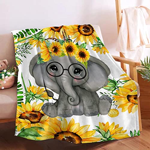 Super Soft Blanket Glasses Elephant and Sunflower Light Weight Throw Quilt Comfy Fluffy for Bed Sofa Suitable All Seasons 80"X60" for Adult Large