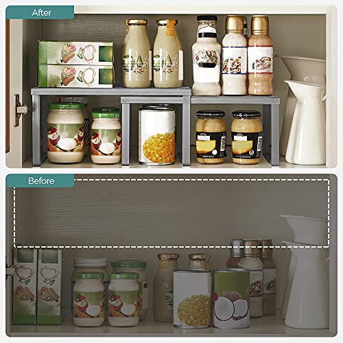 SONGMICS Cabinet Shelf Organizers, Shelf Organizer, Countertop Organizer, Shelf Riser, Stackable, Expandable, Set of 2 Metal Kitchen Counter Shelves, Silver UKCS01SV