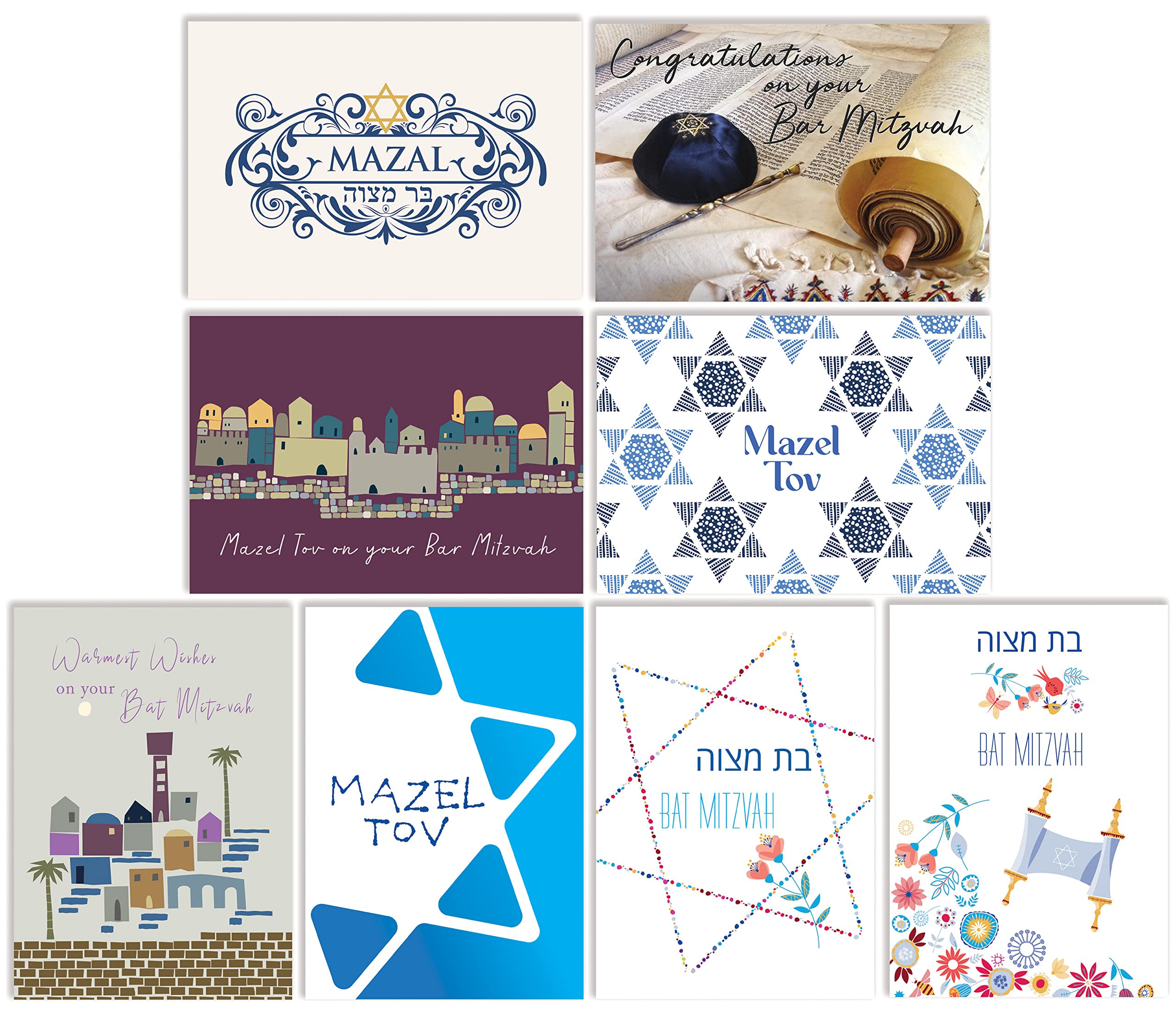 Better Office Products 36 Pack Bar Mitzvah & Bat Mitzvah Cards, Mazel Tov Jewish Celebration Cards with Envelopes, Bulk Set, Classic 5 x 7 Inch Size, 8 Unique Cover Designs with Heartfelt Sentiments