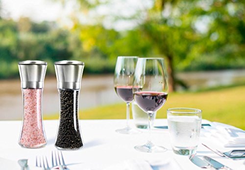 Levav Premium Salt and Pepper Grinder Set of 2 - Brushed Stainless Steel Pepper Mill and Salt Mill, Glass Body, SIze Grade adjustable ceramic rotor-salt and pepper shakers (tall)