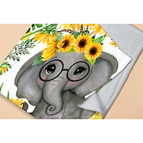 Super Soft Blanket Glasses Elephant and Sunflower Light Weight Throw Quilt Comfy Fluffy for Bed Sofa Suitable All Seasons 80"X60" for Adult Large