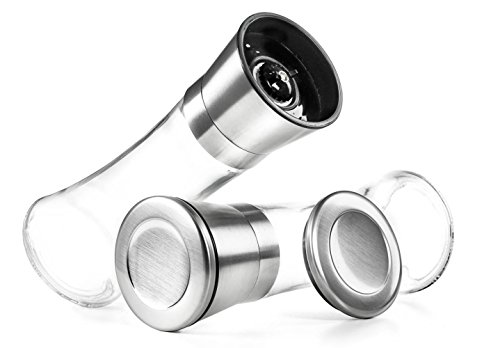 Levav Premium Salt and Pepper Grinder Set of 2 - Brushed Stainless Steel Pepper Mill and Salt Mill, Glass Body, SIze Grade adjustable ceramic rotor-salt and pepper shakers (tall)