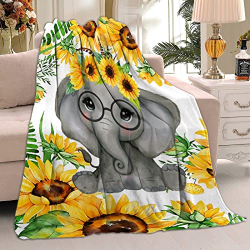 Super Soft Blanket Glasses Elephant and Sunflower Light Weight Throw Quilt Comfy Fluffy for Bed Sofa Suitable All Seasons 80"X60" for Adult Large