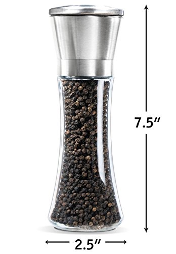 Levav Premium Salt and Pepper Grinder Set of 2 - Brushed Stainless Steel Pepper Mill and Salt Mill, Glass Body, SIze Grade adjustable ceramic rotor-salt and pepper shakers (tall)
