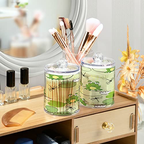 xigua 2 Pack Qtip Holder Dispenser with Lids Frog Lotus Dragonfly Clear Plastic Jar Set for Bathroom Canister Storage Organization,Vanity Makeup Organizer#287