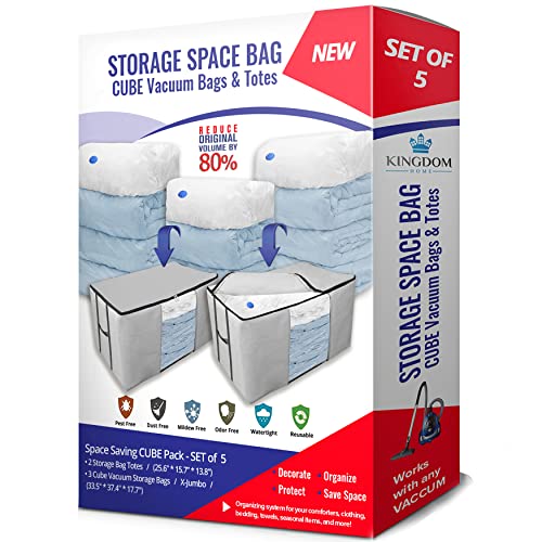 Cube Vacuum Storage Space Bags / Storage Bag Totes with Reusable Cubic Vacuum Compressed Space Saver Bags. Large Capacity Bedroom and Closet Organizing System that Protects Your Comforters, Clothing, Bedding, & More! (X-Jumbo Bundle) (Gray - Set of 5)