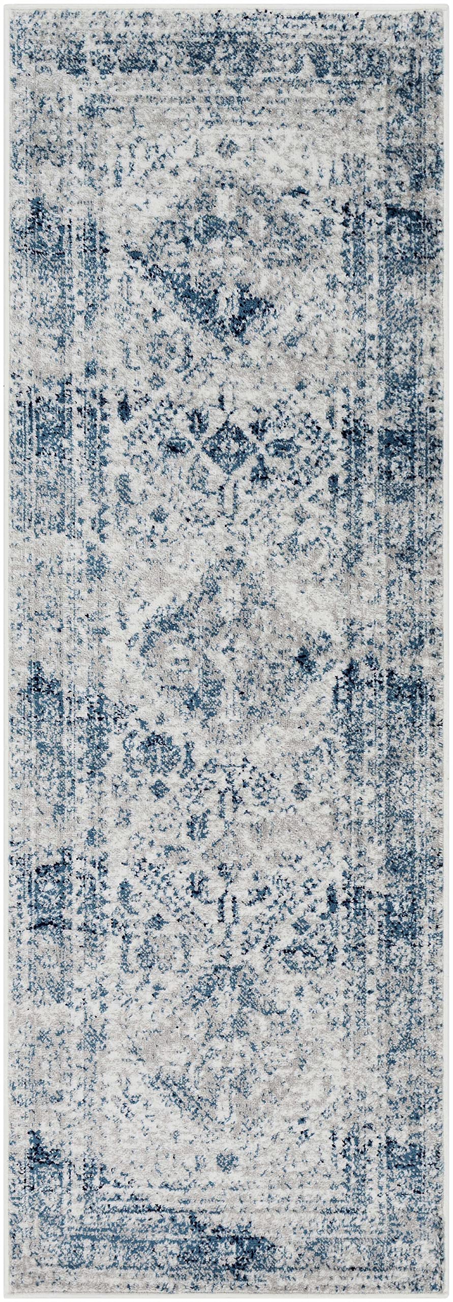 Hauteloom Inkom Hallway, Kitchen Runner Rug - Traditional Bohemian Medallion Carpet - Gray, Blue, Denim - 2'7" x 12'