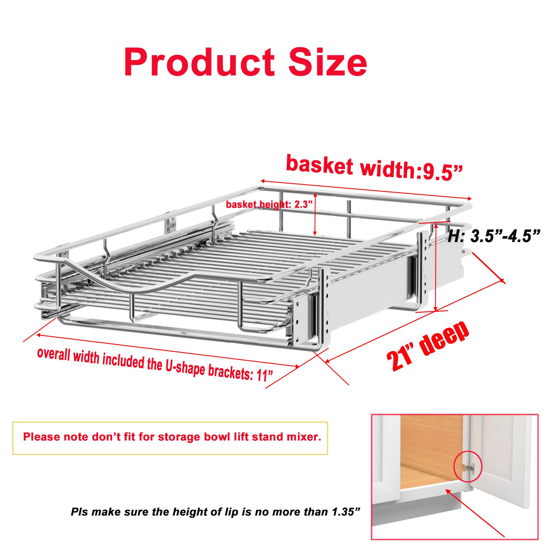 DINDON 1 Tier Pull Out Cabinet Organizer (11" W x 21" D) Heavy-Duty Metal Sliding Drawer Shelf, Slide Out Wire Basket for Kitchen Cabinets, Pantry, Bathroom, Chrome Finish…