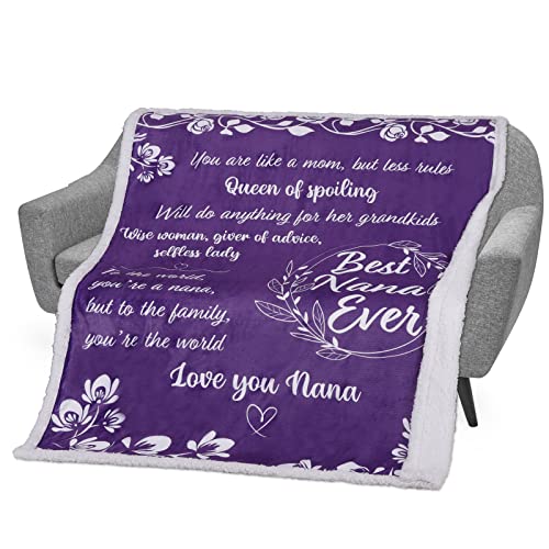 mami home Best Nana Ever Blanket Gift - Wonderful Blankets for Granny with Thick Double Layered Fleece and Sherpa Blanket Fabric | Wholesome I Love You Nana Gifts from Grandchildren Purple 50x60