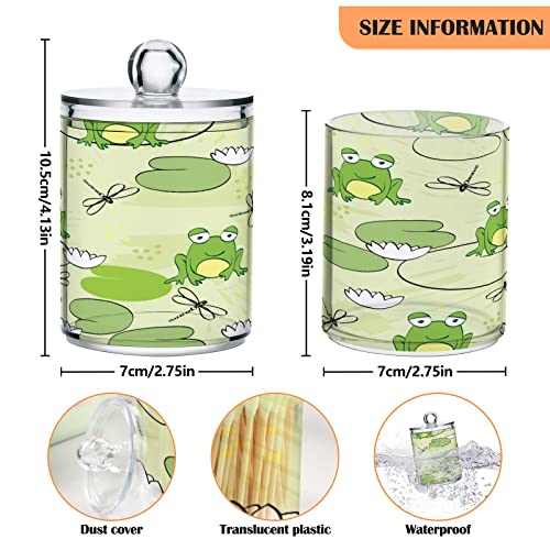 xigua 2 Pack Qtip Holder Dispenser with Lids Frog Lotus Dragonfly Clear Plastic Jar Set for Bathroom Canister Storage Organization,Vanity Makeup Organizer#287