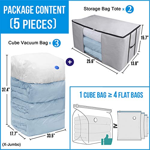 Cube Vacuum Storage Space Bags / Storage Bag Totes with Reusable Cubic Vacuum Compressed Space Saver Bags. Large Capacity Bedroom and Closet Organizing System that Protects Your Comforters, Clothing, Bedding, & More! (X-Jumbo Bundle) (Gray - Set of 5)