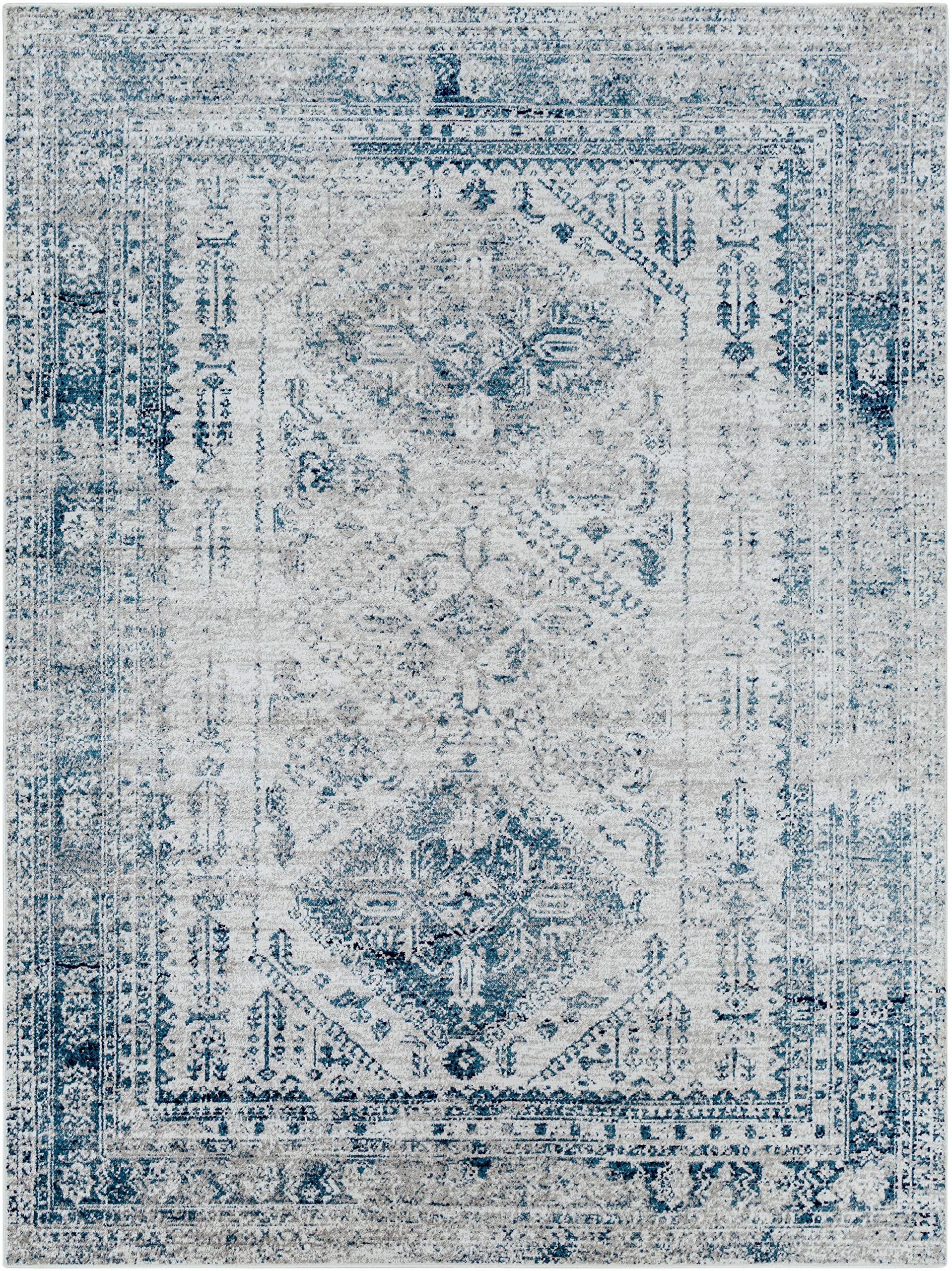 Hauteloom Inkom Hallway, Kitchen Runner Rug - Traditional Bohemian Medallion Carpet - Gray, Blue, Denim - 2'7" x 12'