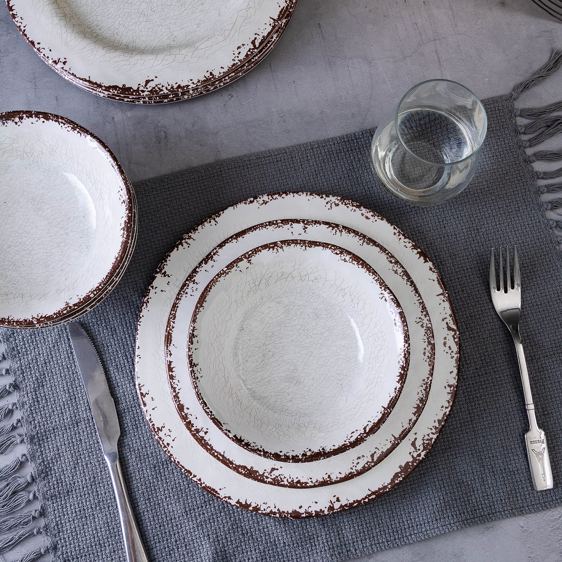 LEHAHA Vintage White Melamine Dinnerware set-12 Piece Lightweight Unbreakable Outdoor Camper Plates/Dishes and Bowls Set, Service for 4, Dishwasher Safe…