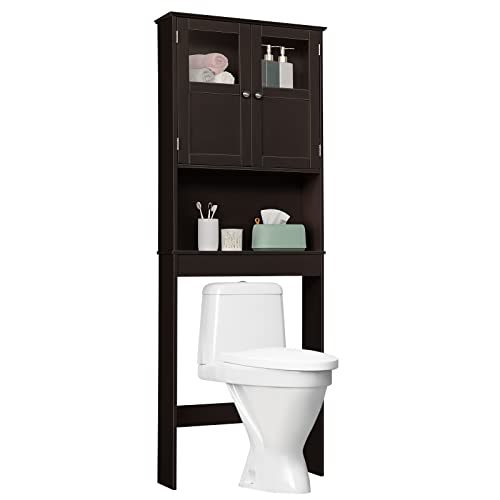 VINGLI Bathroom Over The Toilet Organizer Behind The Toilet Storage Organizer with Double Acrylic Glass Doors Adjustable Shelf Free Standing Wooden Space Saver Collect Home Furniture Decor