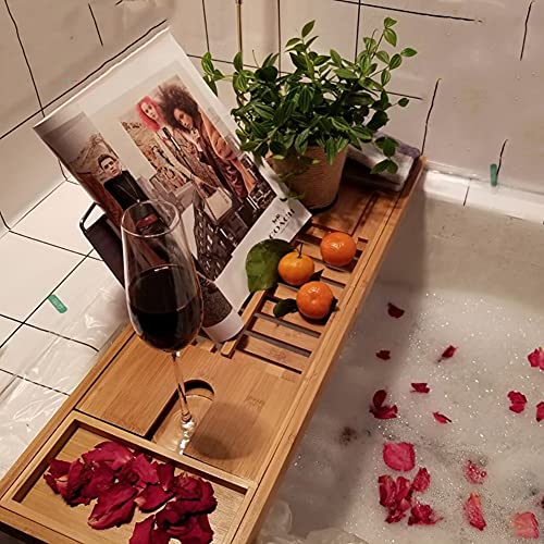 100% Natural Bamboo Bath Caddy Bridge – Extendable Bath Caddy Tray for Tub with Wine Glass Holder, Tablet, Kindle