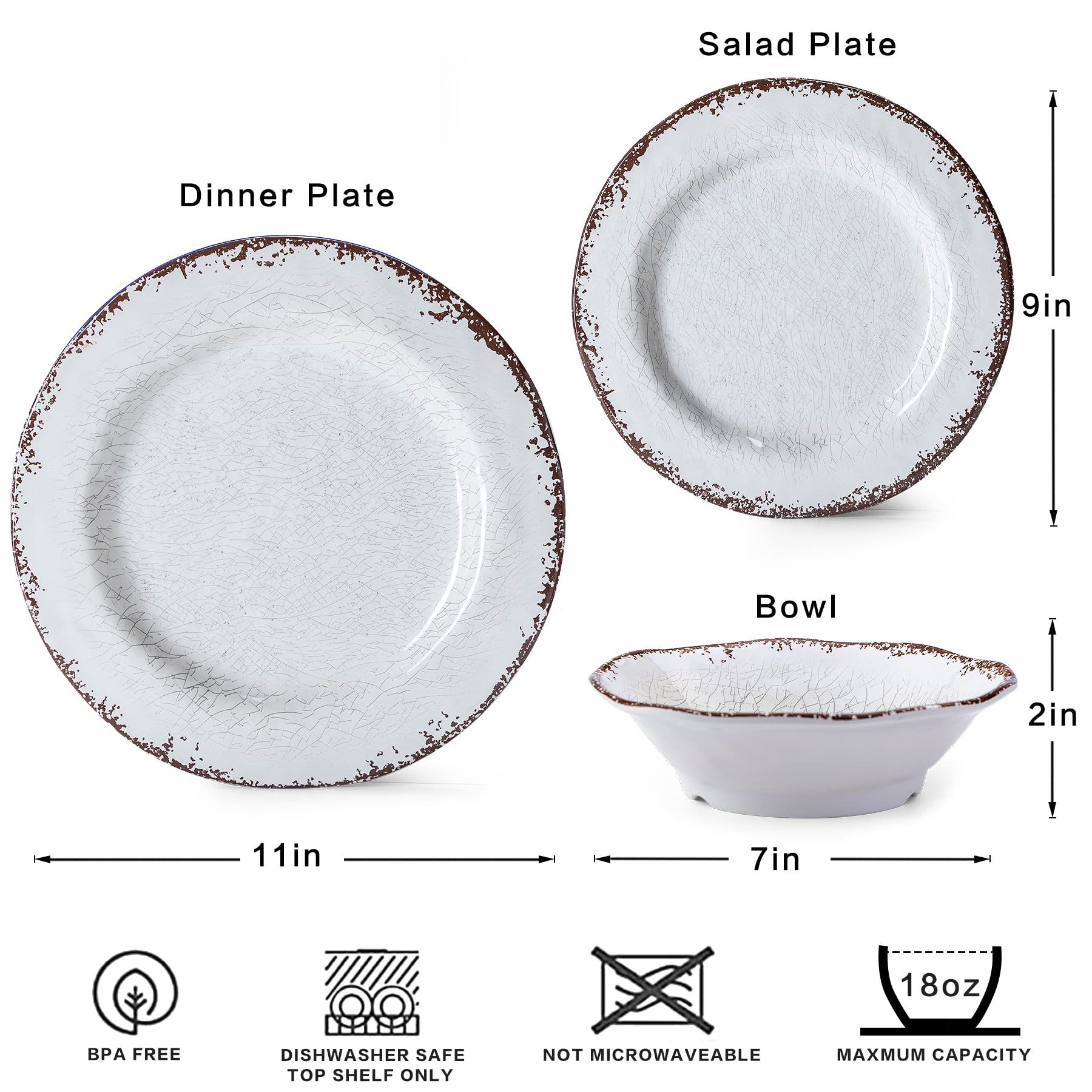 LEHAHA Vintage White Melamine Dinnerware set-12 Piece Lightweight Unbreakable Outdoor Camper Plates/Dishes and Bowls Set, Service for 4, Dishwasher Safe…