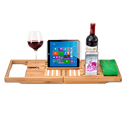 100% Natural Bamboo Bath Caddy Bridge – Extendable Bath Caddy Tray for Tub with Wine Glass Holder, Tablet, Kindle